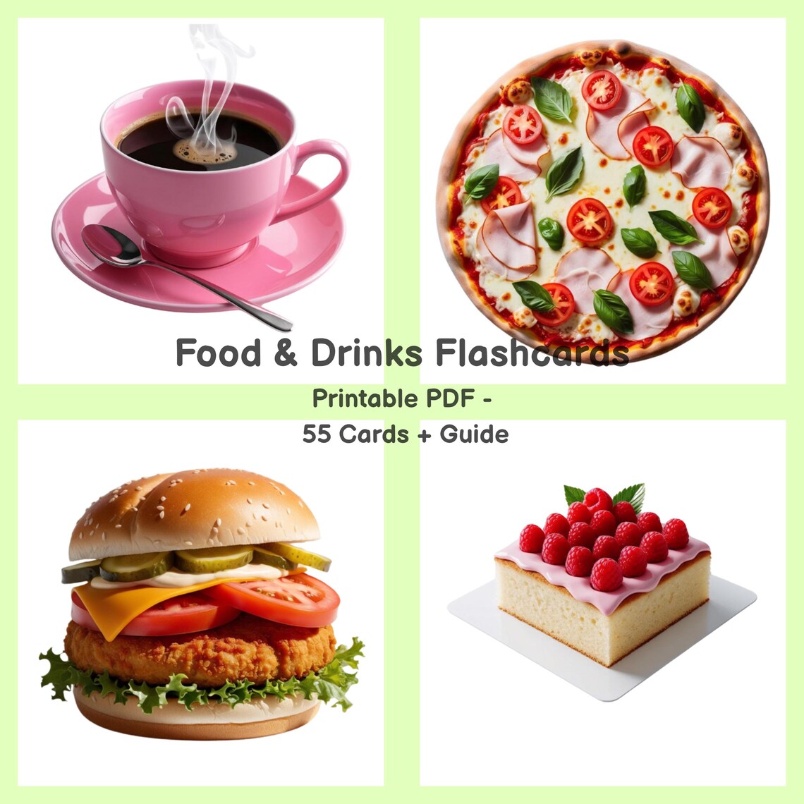 Printable English Flashcards – Food and Drinks – 55 Cards + Guide – ESL ...