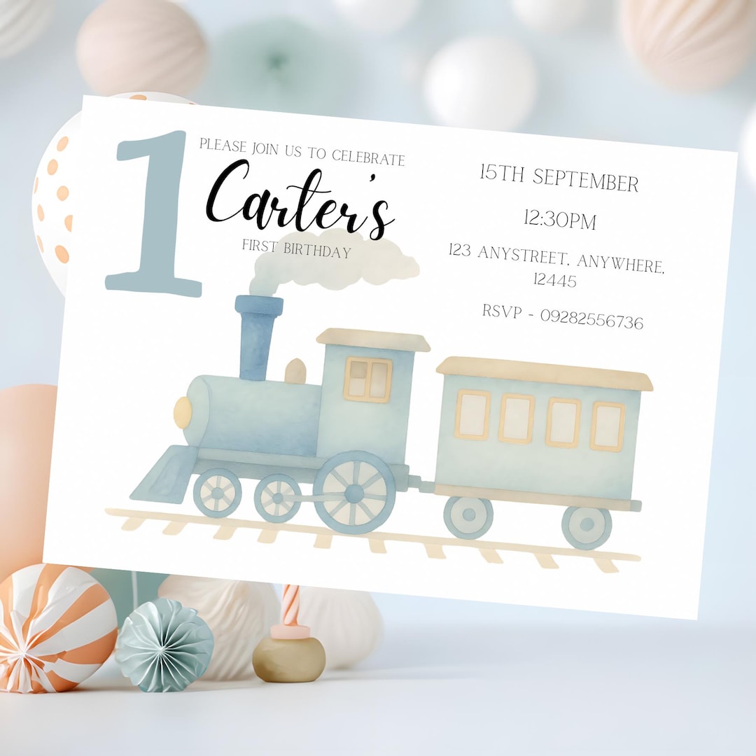 Train First Birthday Invitation | Blue Train Birthday Invite | Editable ...
