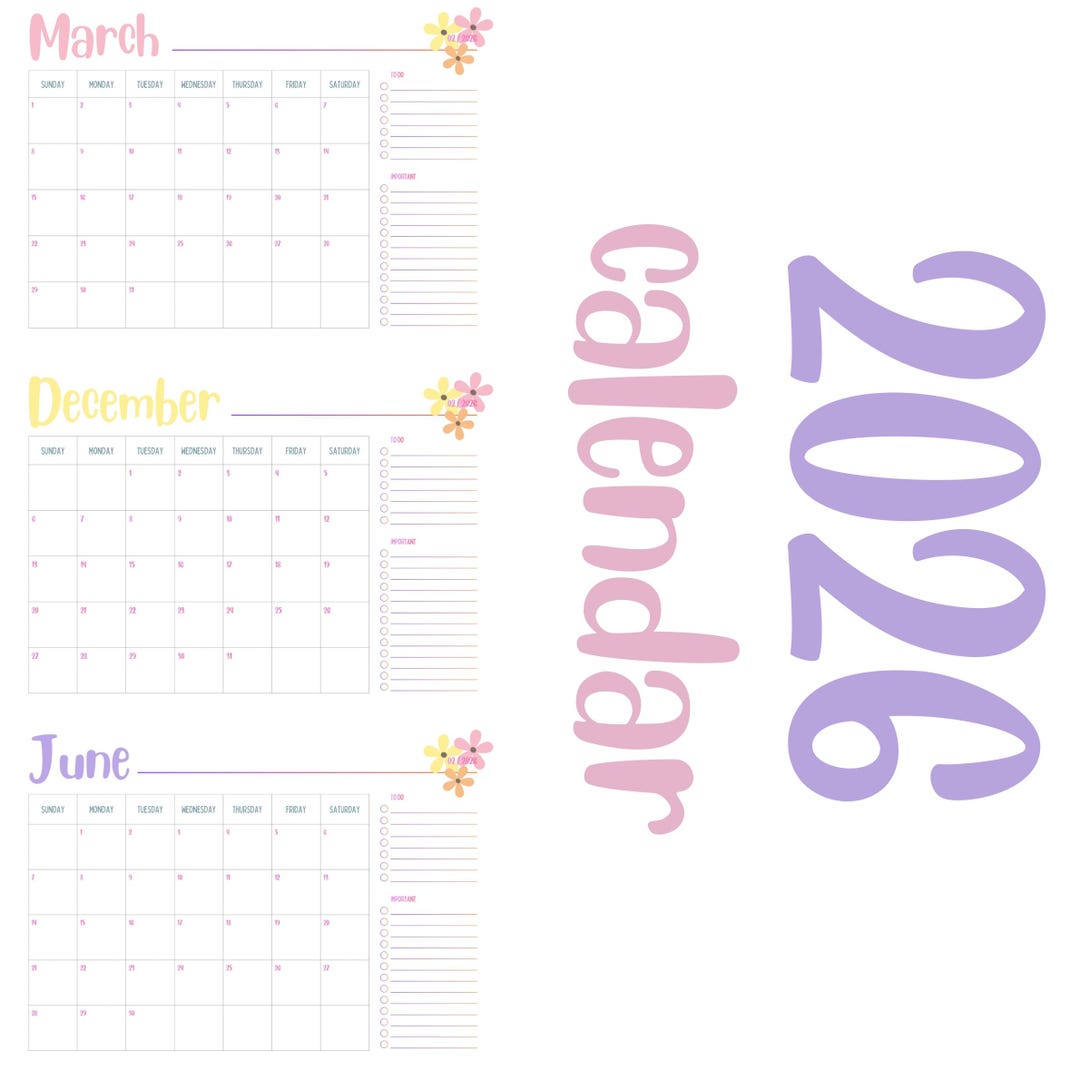 2026 Pastel Flower Calendar | Printable Monthly Planner (digital ...