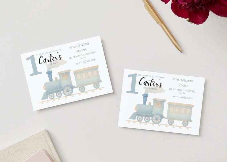 Train First Birthday Invitation | Blue Train Birthday Invite | Editable ...