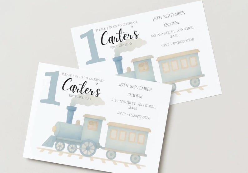 Train First Birthday Invitation | Blue Train Birthday Invite | Editable ...