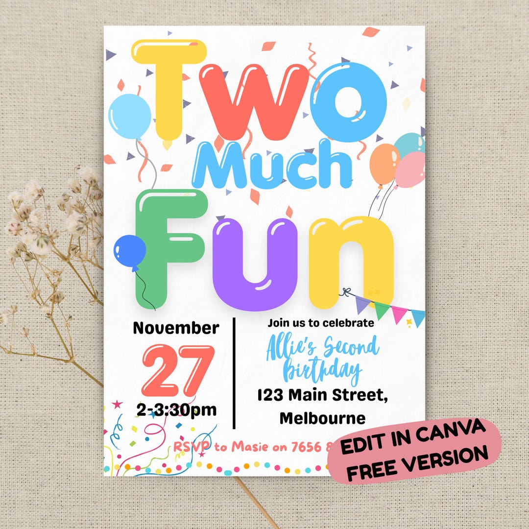 Two Much Fun 2nd Birthday Invitation Template, Two Much Fun Birthday ...