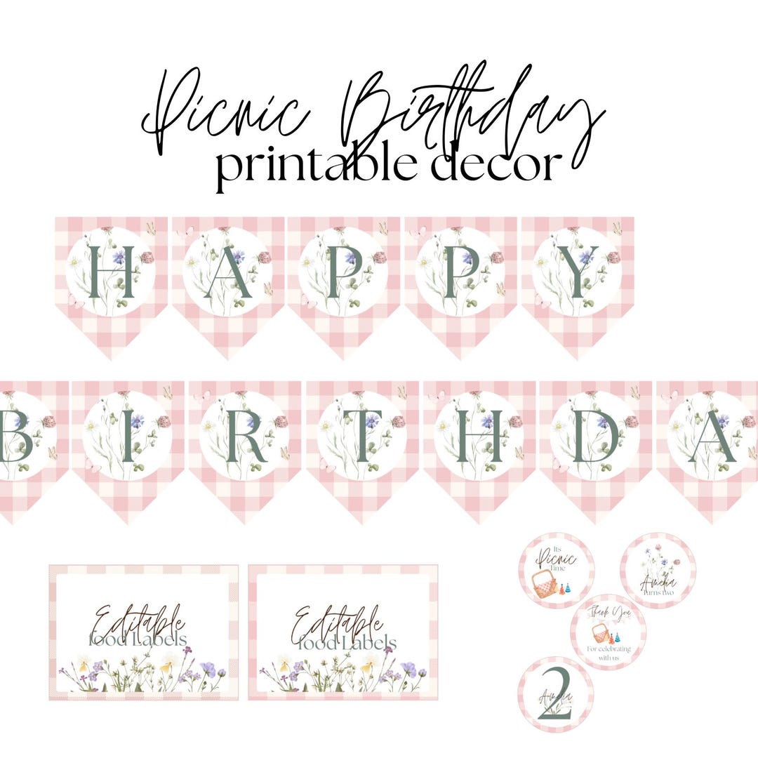 Pink Gingham Picnic Birthday Party Printable Decor Set (digital ...