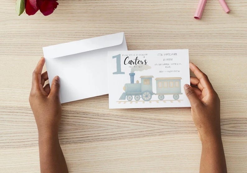 Train First Birthday Invitation | Blue Train Birthday Invite | Editable ...