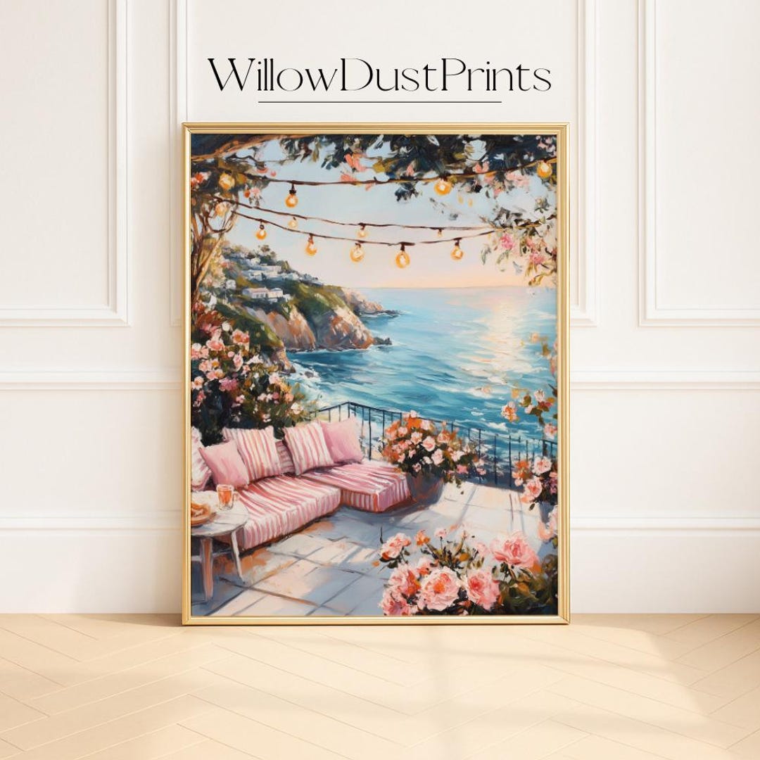 Pastel Seaside Terrace Print - Printable Coastal Wall Art, Pink Patio ...