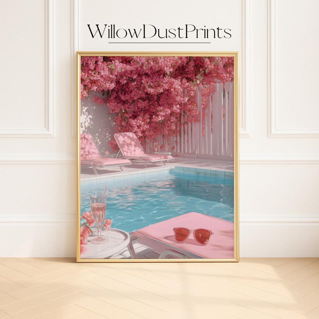 Dreamy Pastel Poolside Scene - Printable Blush Pink Lounge Art, Summer ...