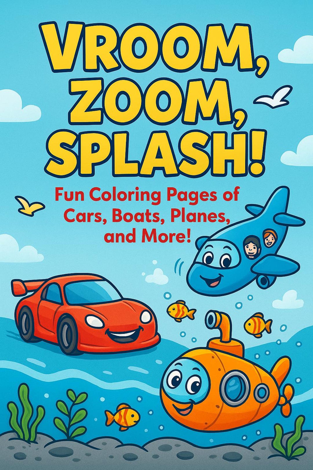 Vroom, Zoom, Splash! Fun Coloring Pages of Cars, Boats, Planes, and ...