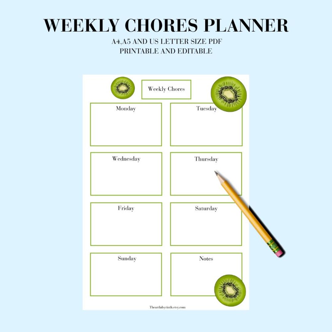 Sweet and Unique Kiwi Chores Planner, Minimalist Chores Weekly Planner ...