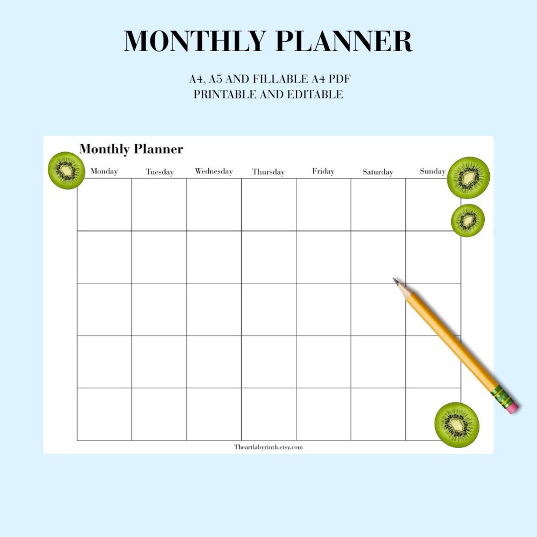 Calendar Printable, Monthly Planner Digital Download, Green Kiwi Themed ...
