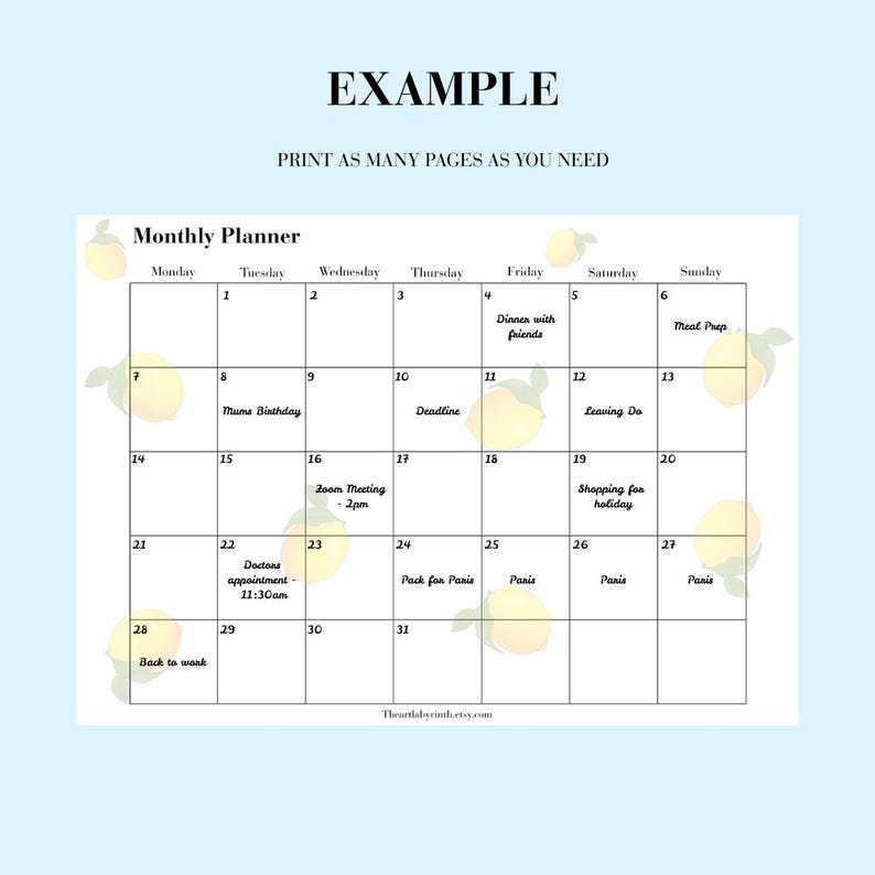 Printable Calendar Planner, Monthly Instant Download, One Page ...