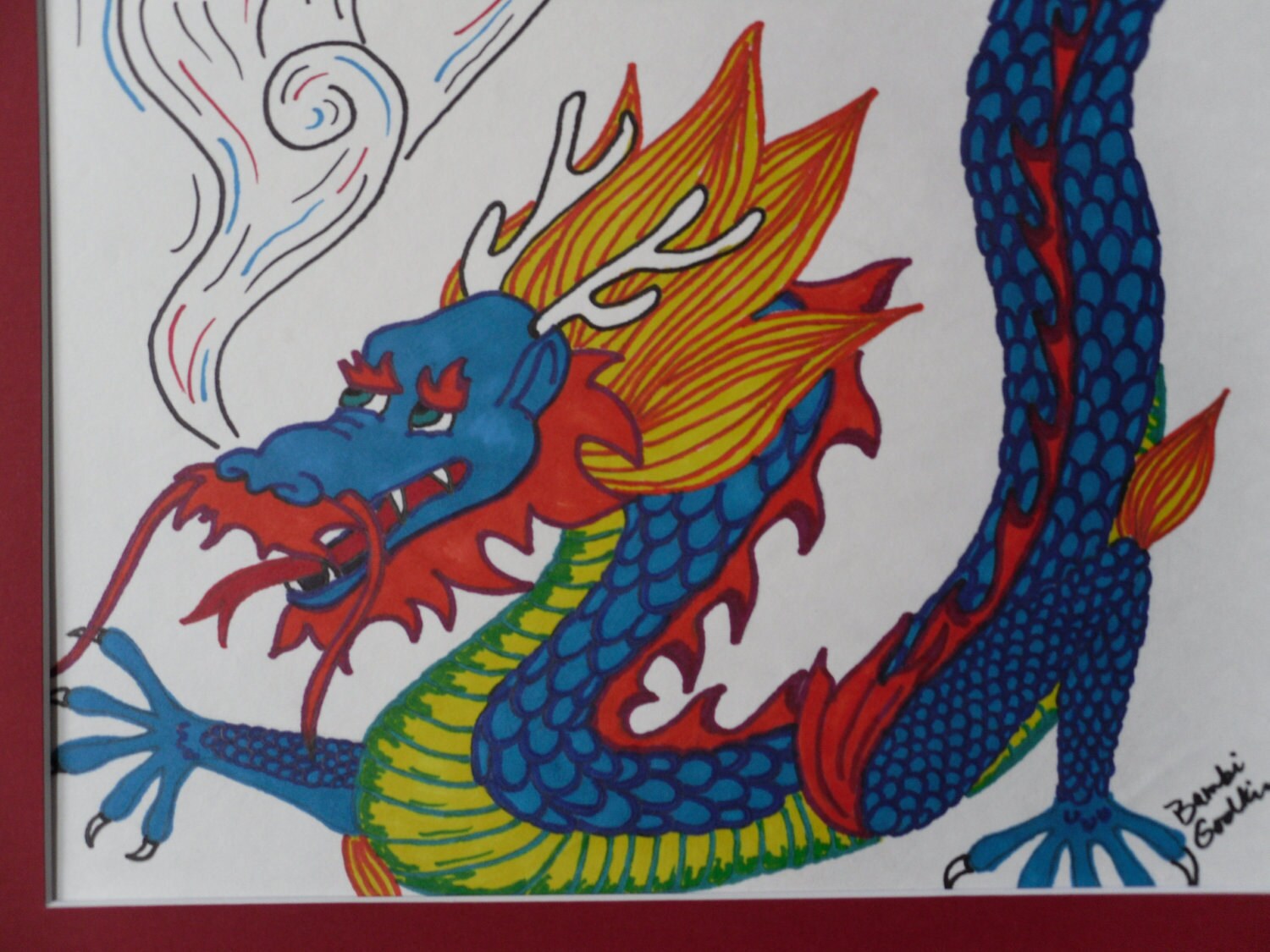 Red, Blue and Yellow Asian Dragon Drawing - Etsy