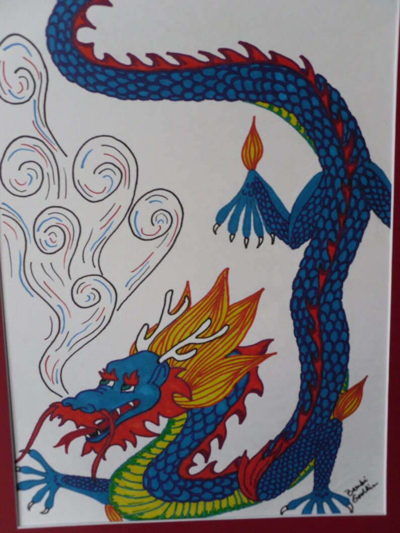 Red, Blue and Yellow Asian Dragon Drawing - Etsy