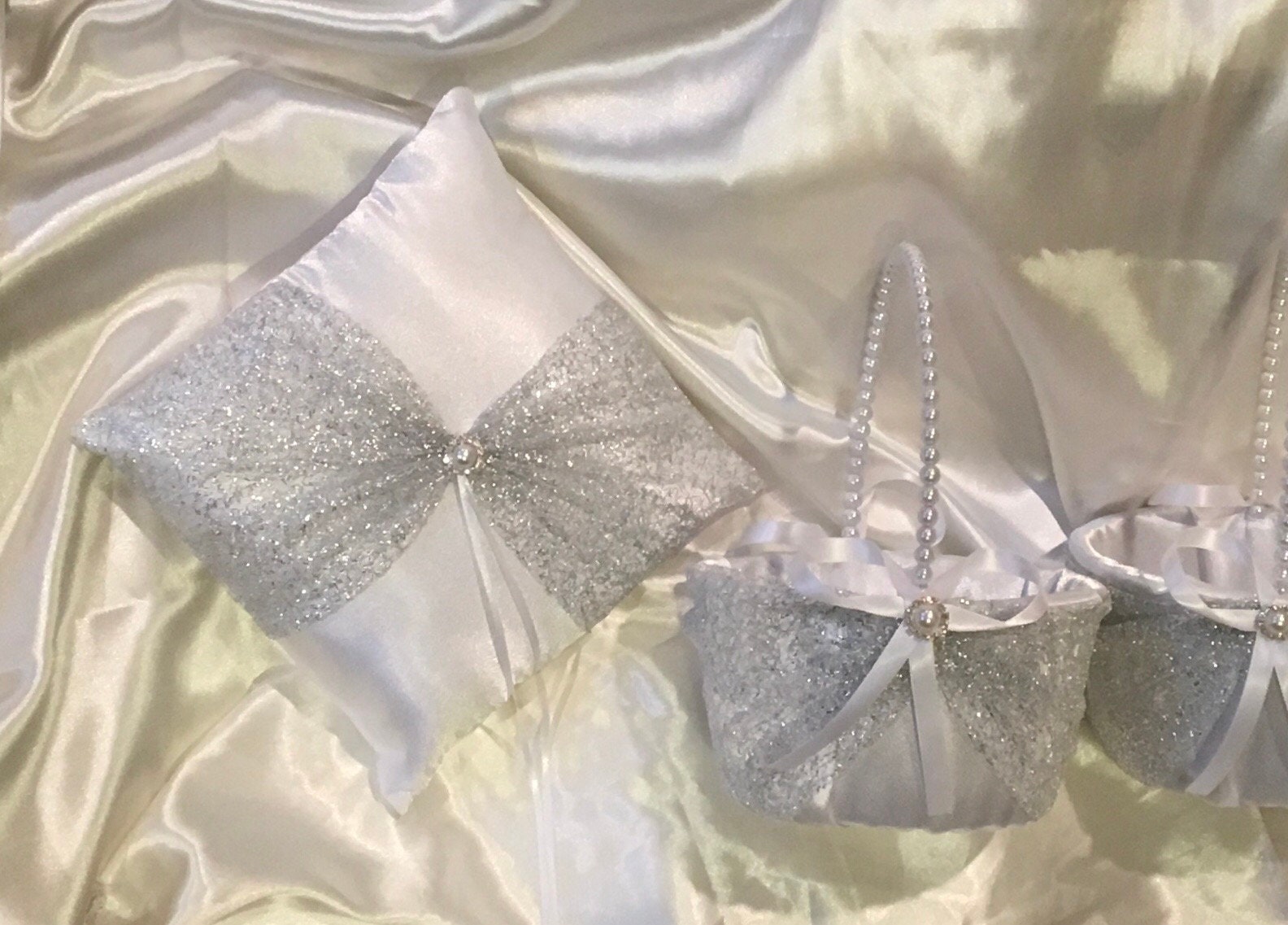 Wedding White or Ivory and Silver Color Flower Girl Basket and | Etsy