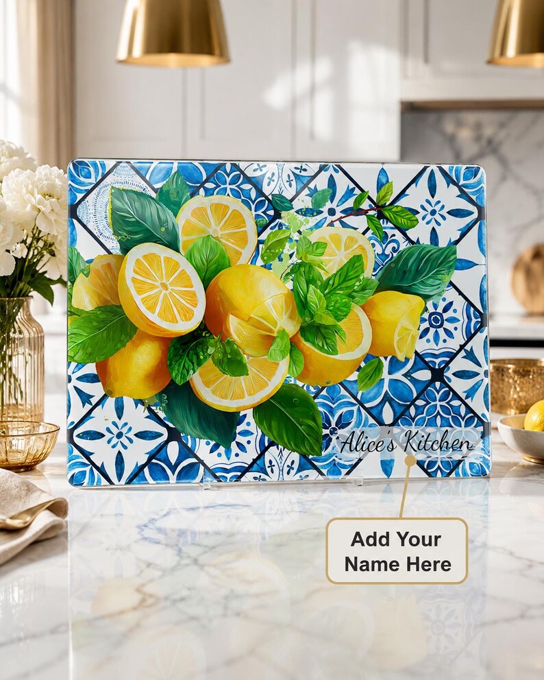 Personalized Glass Cutting Board | Lemon Mediterranean Kitchen Gift ...