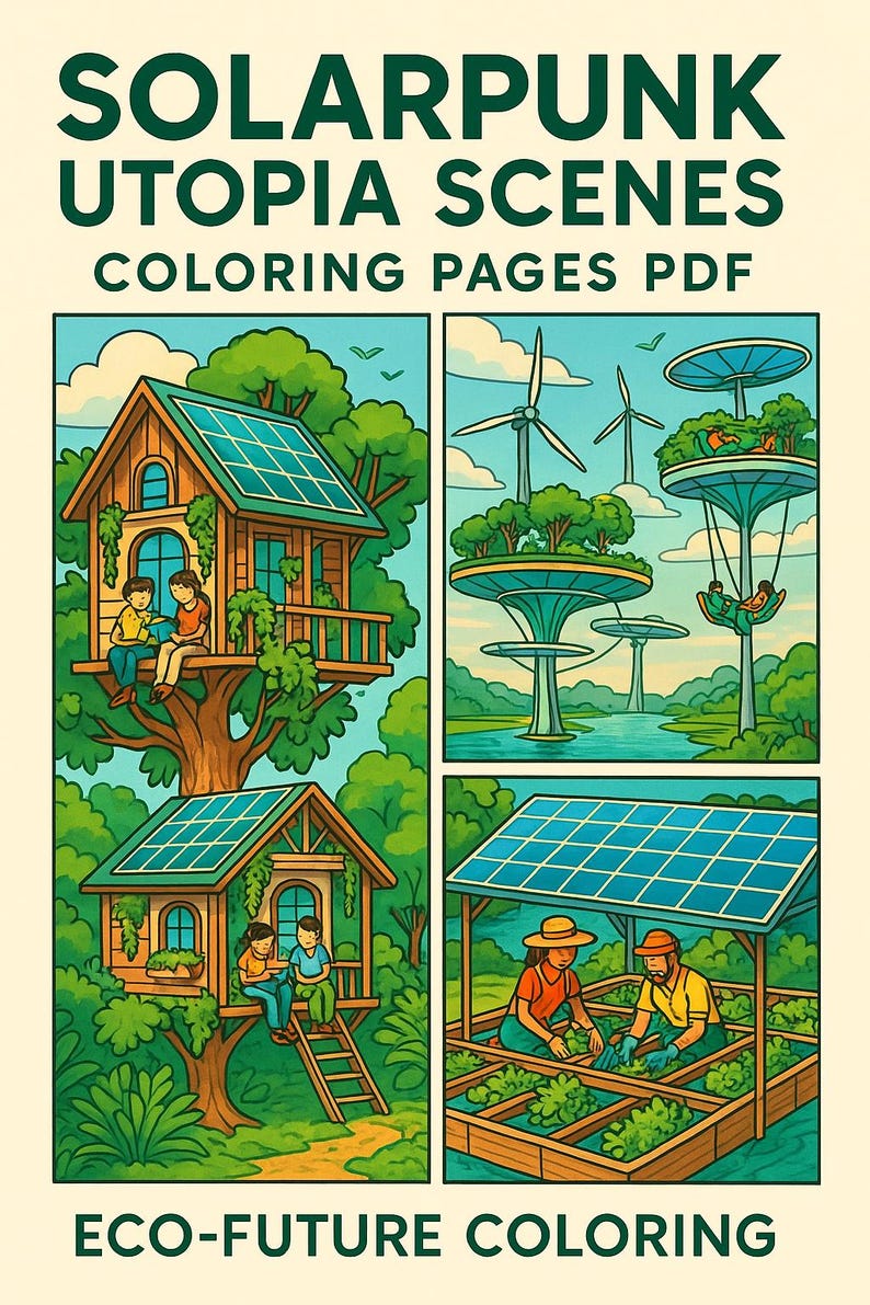 Solarpunk Utopia Scenes Coloring Pages PDF – 25 Printable A4 Sheets - Etsy