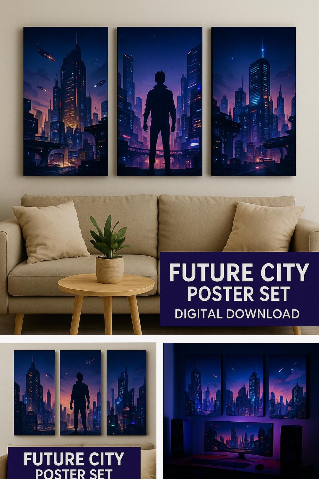 Future City Poster Set – Digital Download | Neon Skyline Cyberpunk Wall Art - Etsy