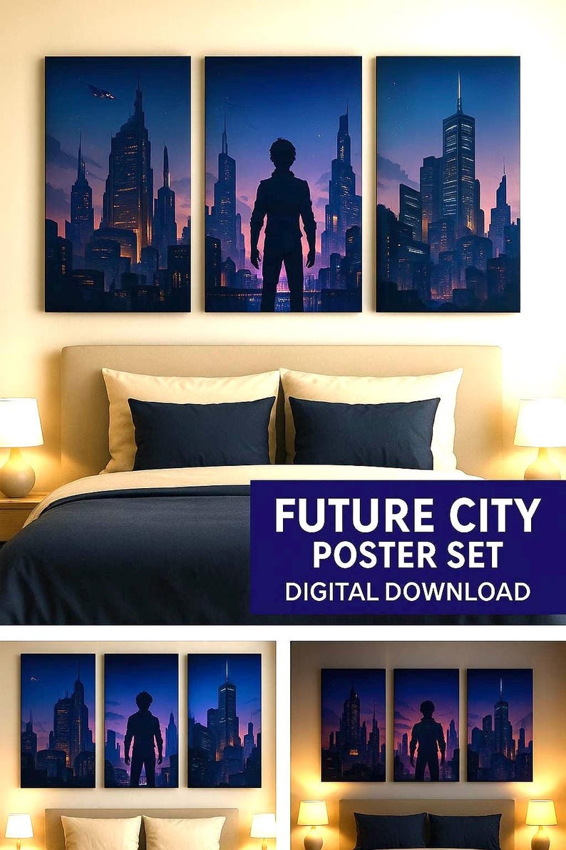 Future City Poster Set – Digital Download | Neon Skyline Cyberpunk Wall ...