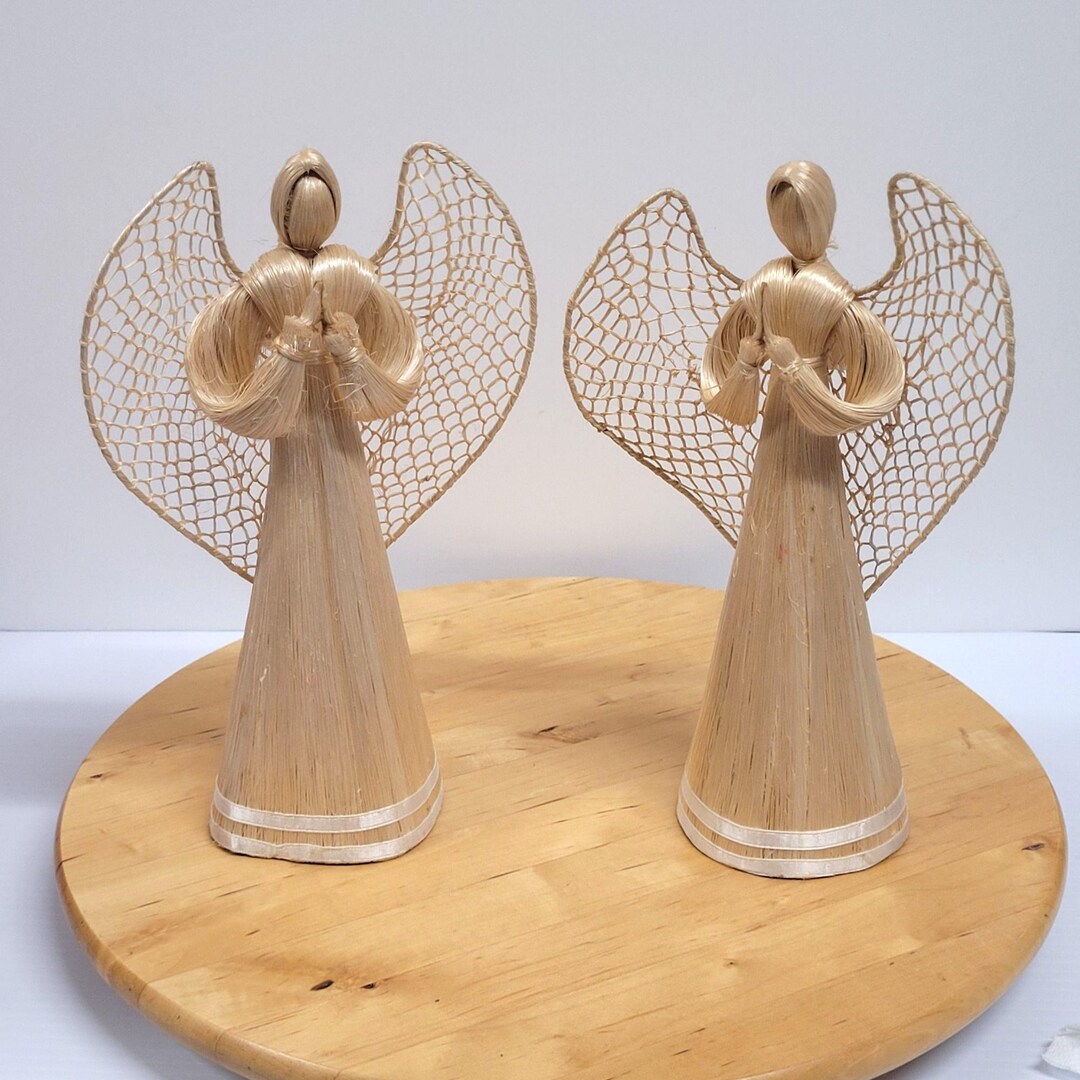 Corn Husk Straw Praying Angels Set 2 Figurines Religious Table Top ...