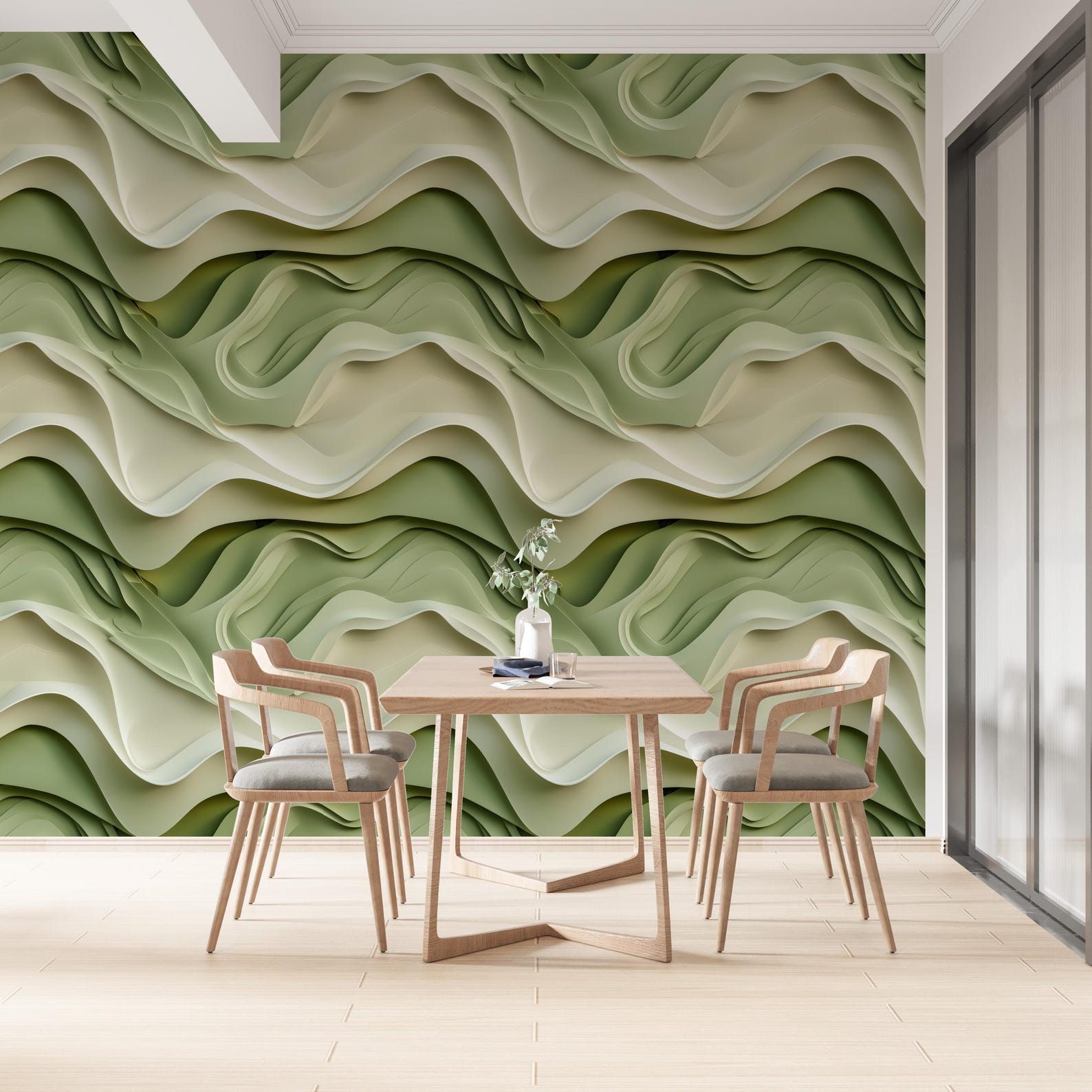 Sage Green Ruffle Texture Wallpaper, Wavy Pleated Fabric Pattern Wall ...