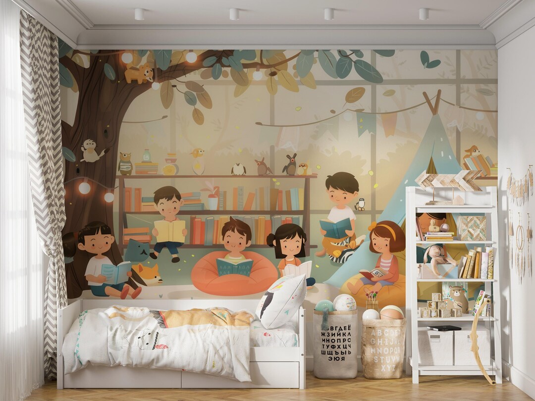 Whimsical Kids Reading Library Wallpaper Featuring Cozy Treehouse ...