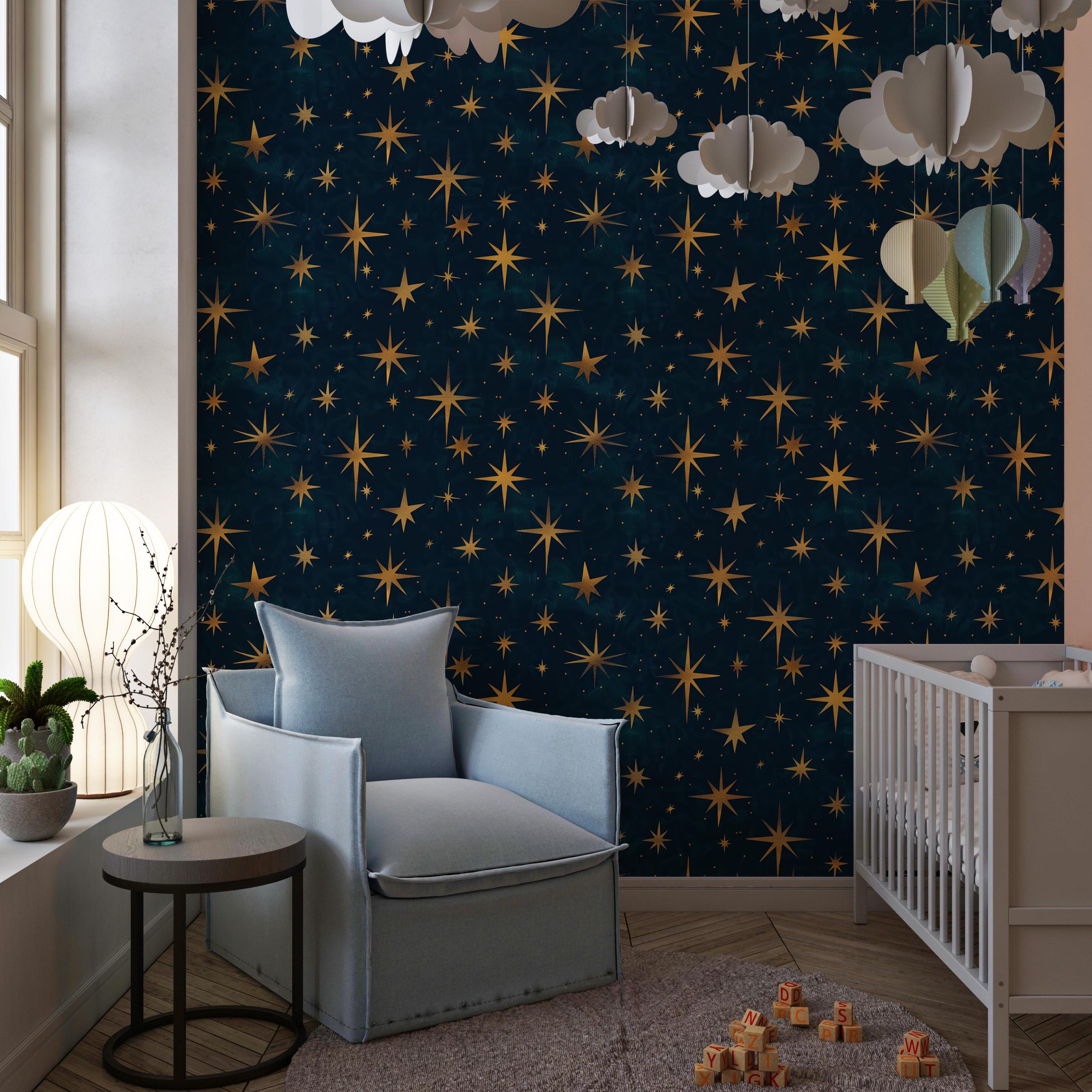 Gold Star Pattern Removable Peel & Stick Wallpaper – Dark Navy Starry ...