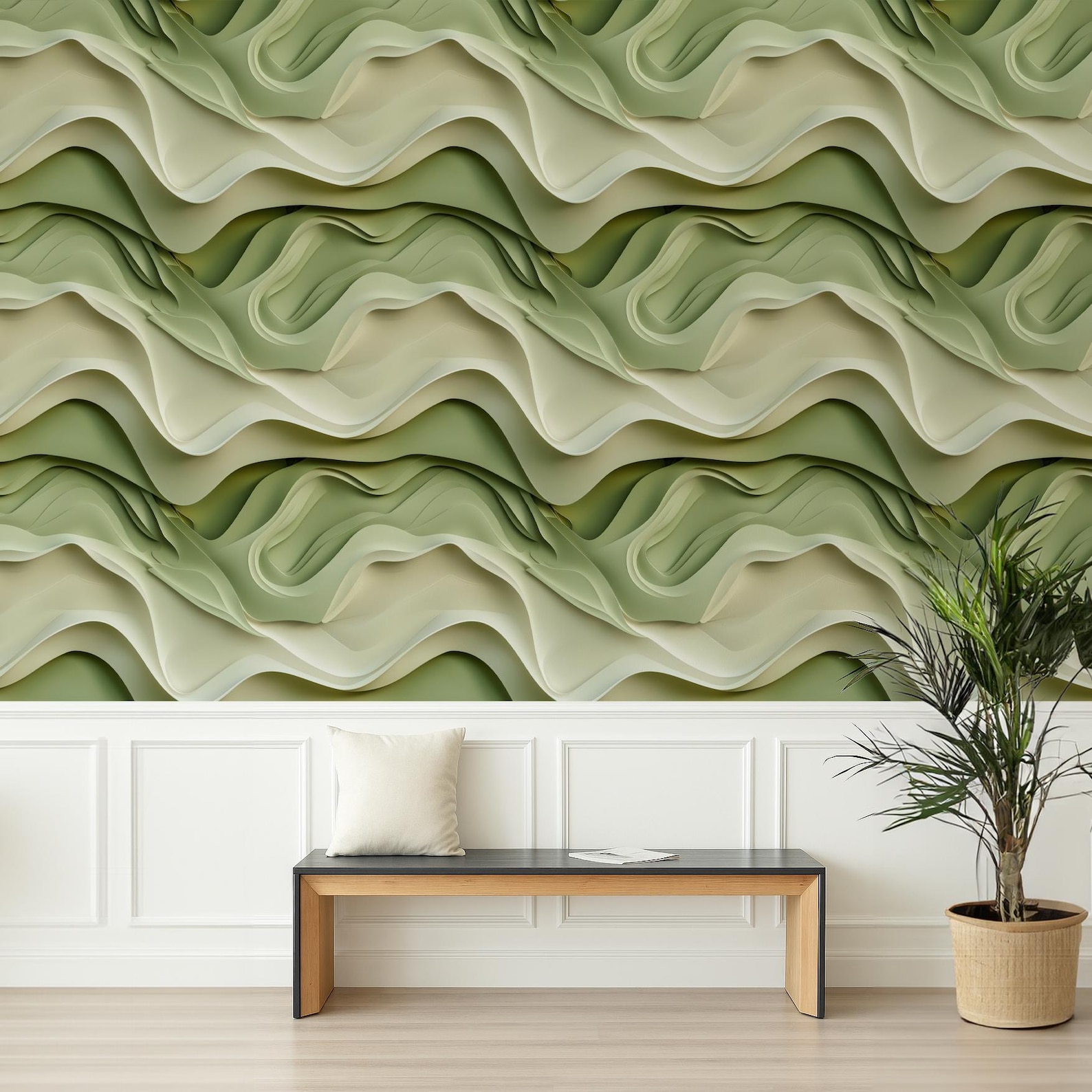 Sage Green Ruffle Texture Wallpaper, Wavy Pleated Fabric Pattern Wall ...