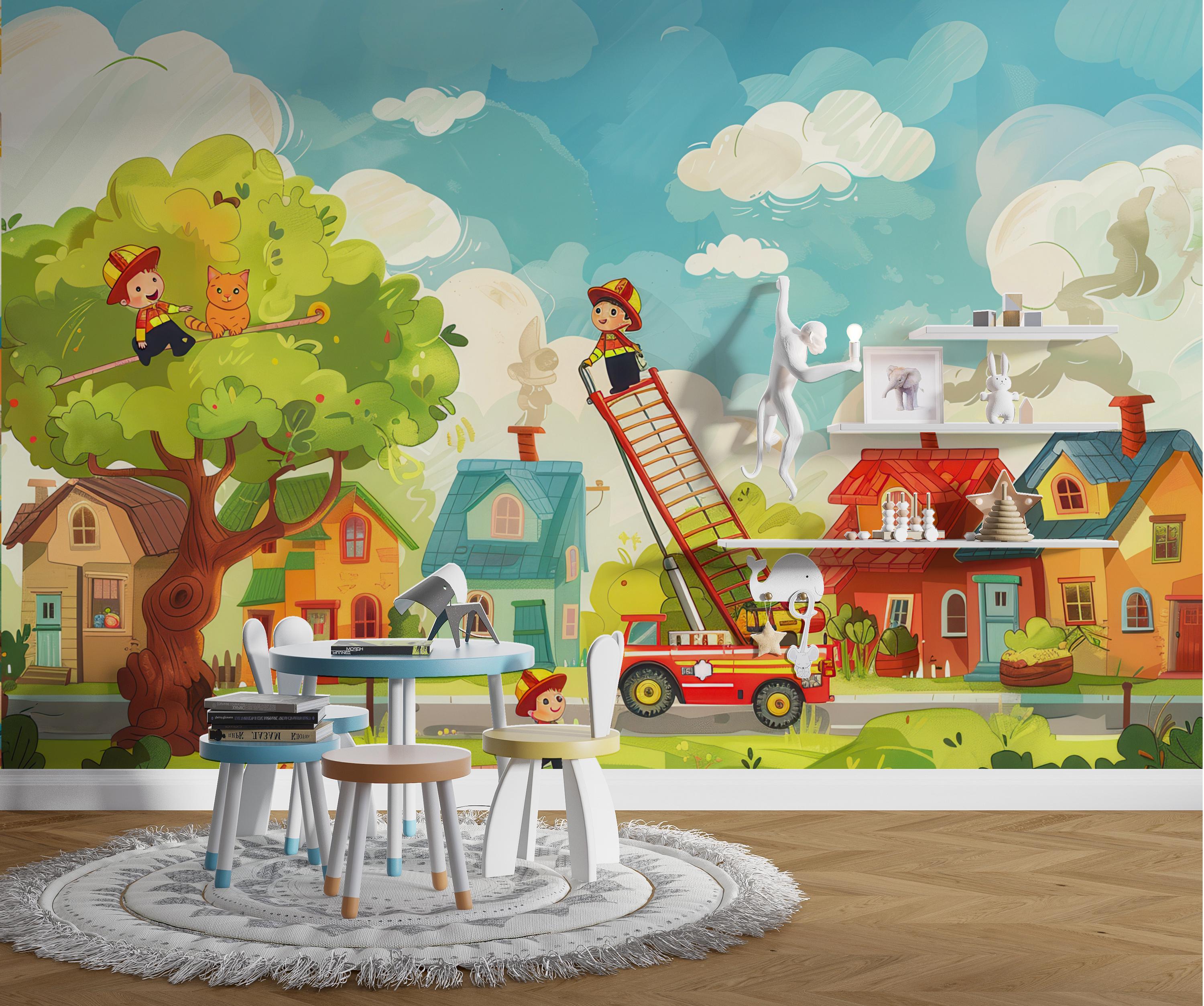 Firefighter Mural Wallpaper for Kids’ Rooms With Vibrant Firetruck ...
