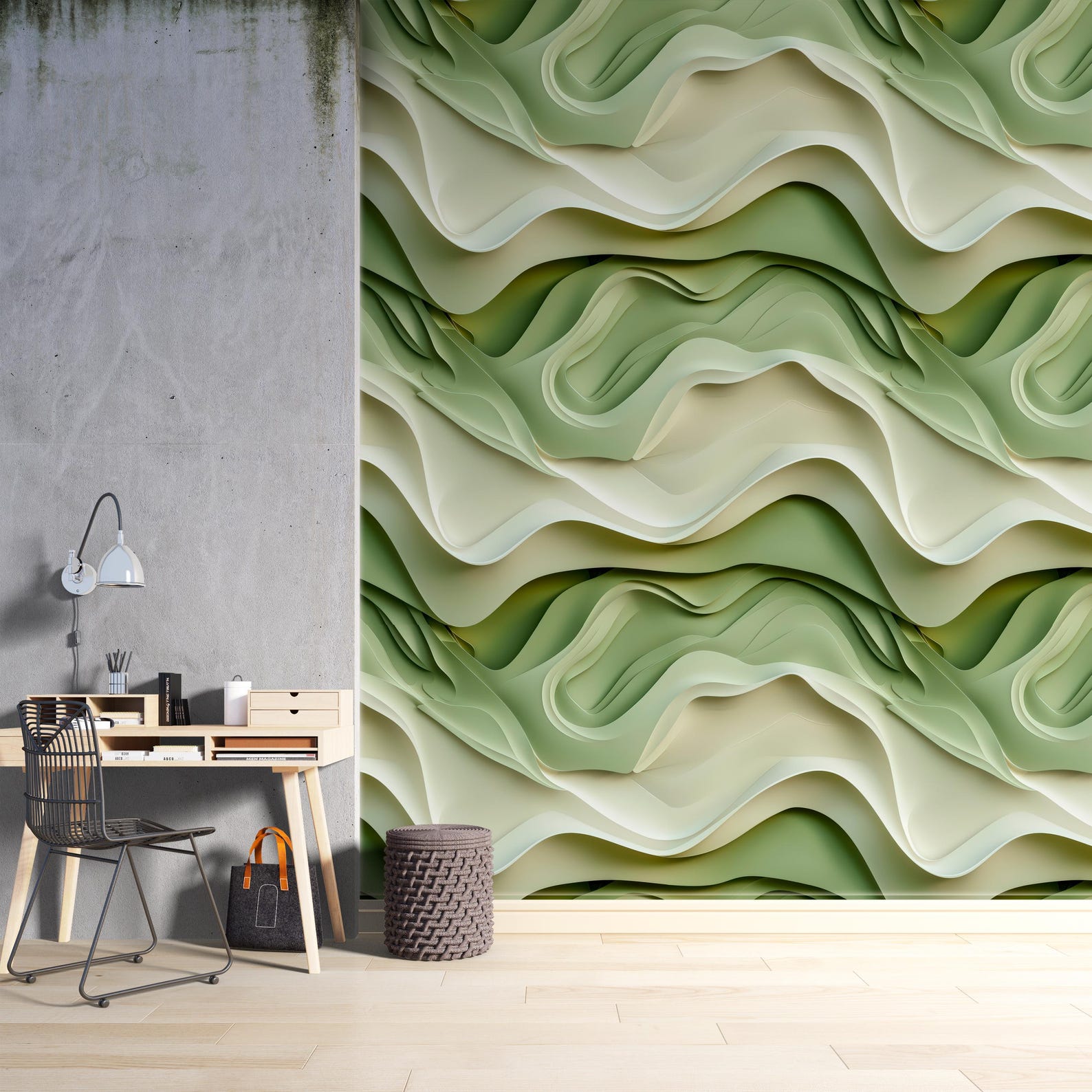Sage Green Ruffle Texture Wallpaper, Wavy Pleated Fabric Pattern Wall ...