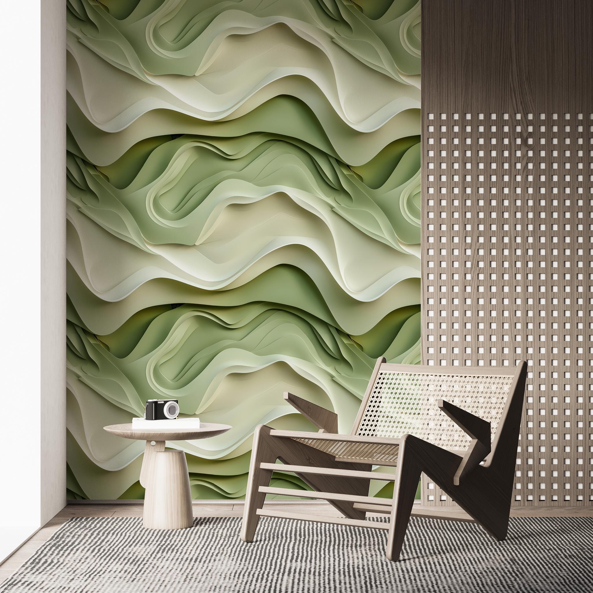Sage Green Ruffle Texture Wallpaper, Wavy Pleated Fabric Pattern Wall ...