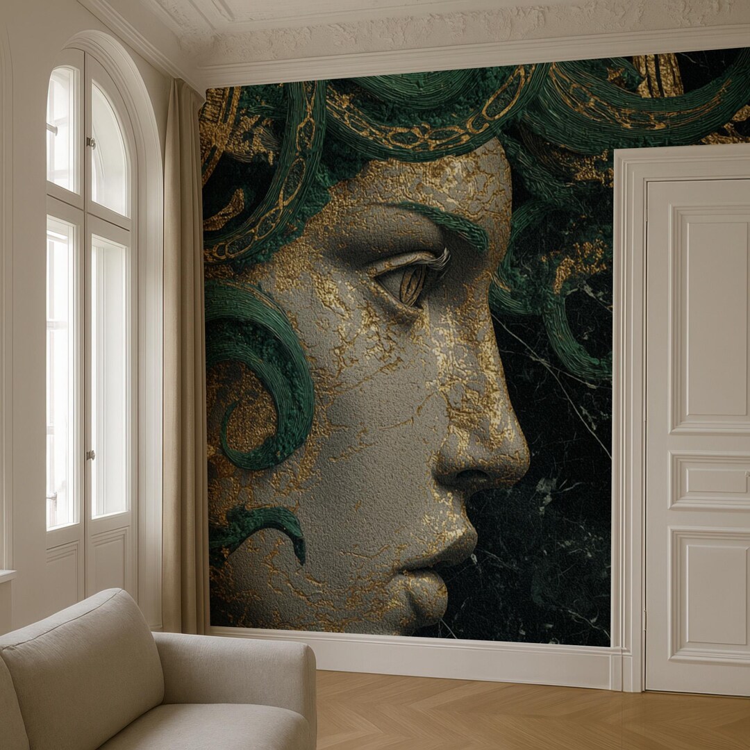 Ancient Greek Medusa Statue Wall Mural: Medusa Sculpture Emerald Marble ...