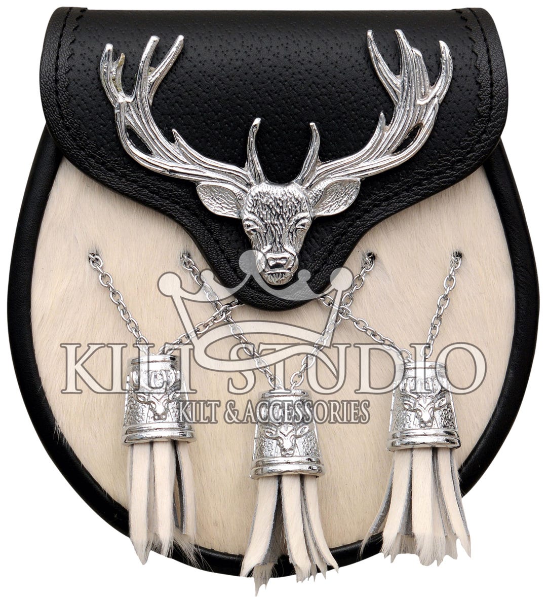 Premium Handmade Black Leather Sporran - Stag Head Design White Bovine ...