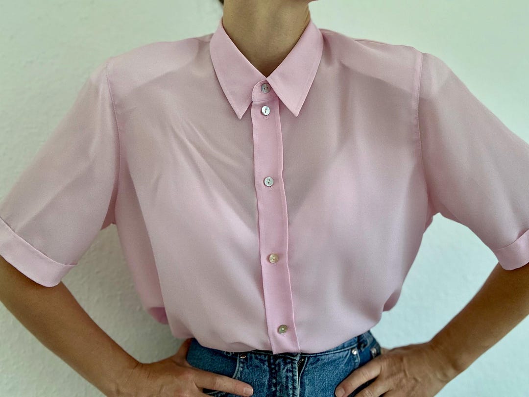Vintage Sheer Blush Pink Blouse Short Sleeves Shoulder Pads Women’s ...