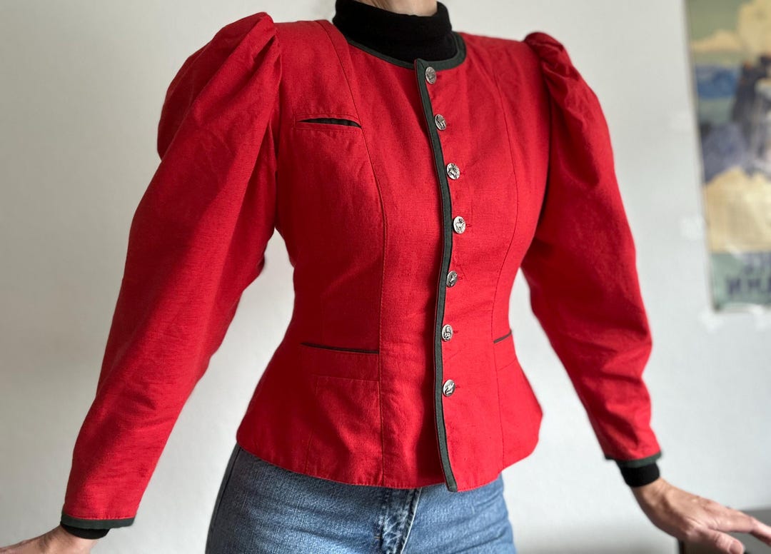 Vintage Austrian Red Linen Blazer Puff Sleeve Fitted Jacket 80s 90s ...