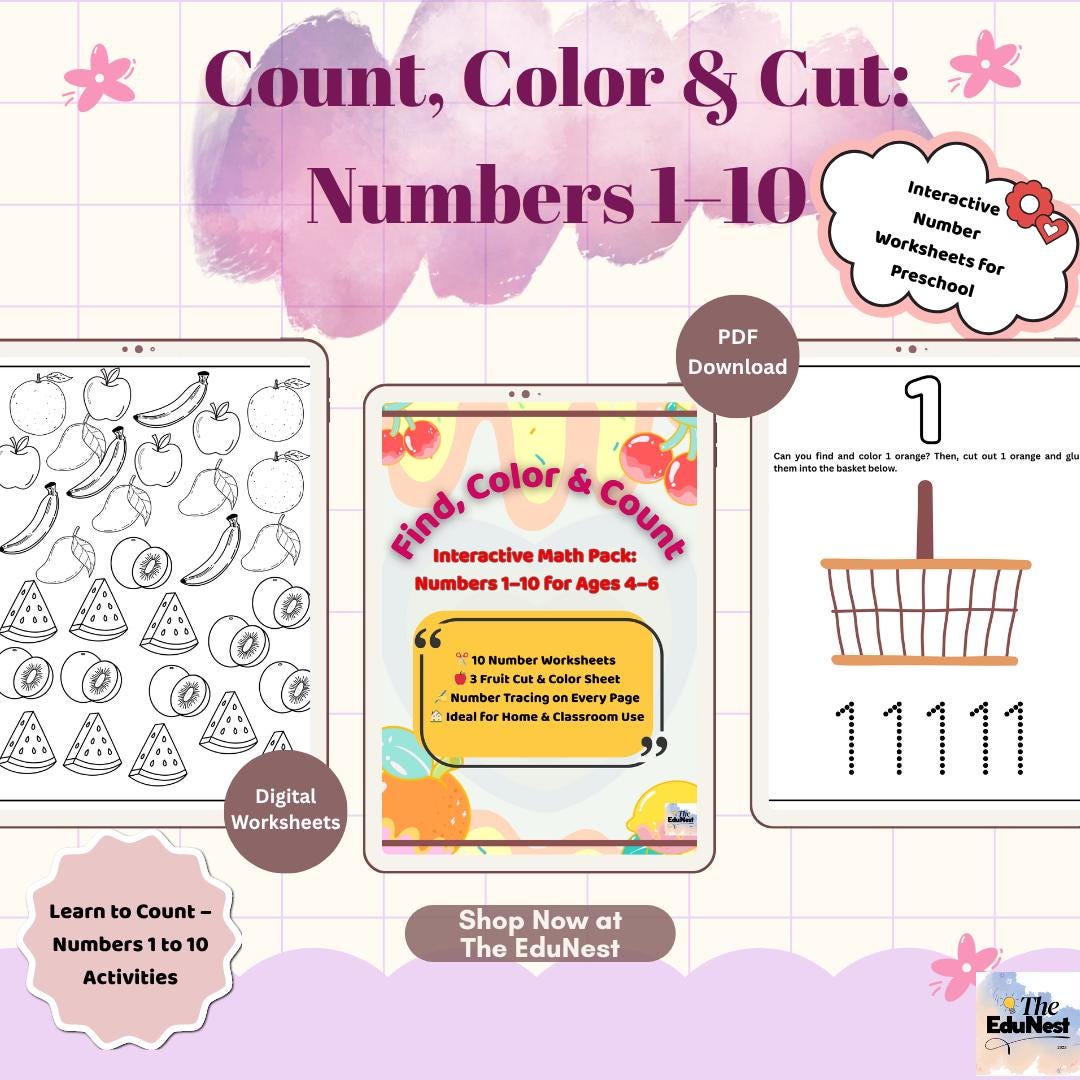 Preschool Math Worksheets: Count, Color & Cut - Ages 4-6 (digital ...