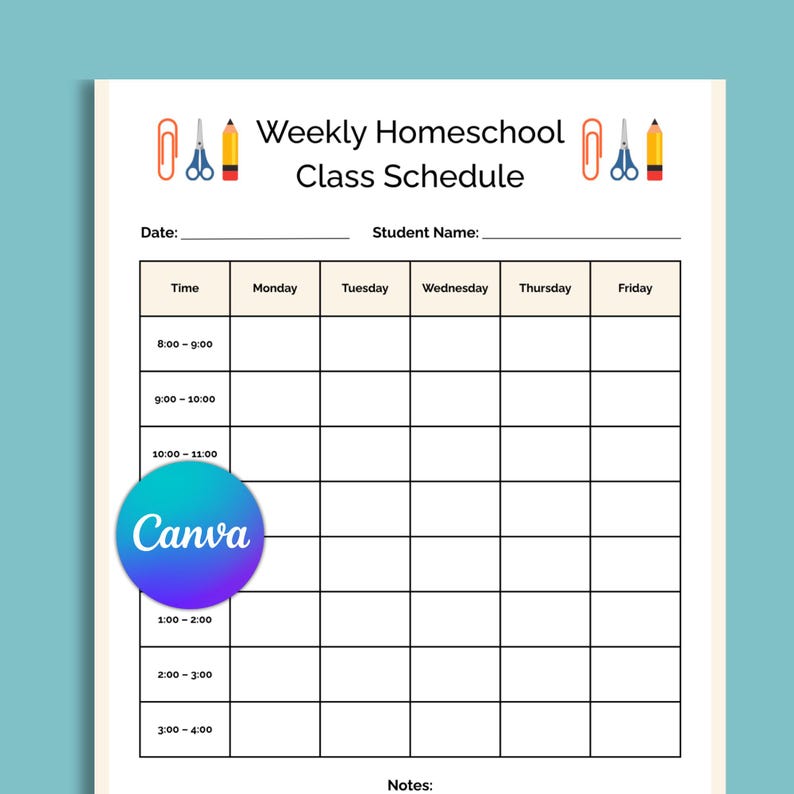 Homeschool Canva + Printable Class Schedule | Lesson Plan | Student ...