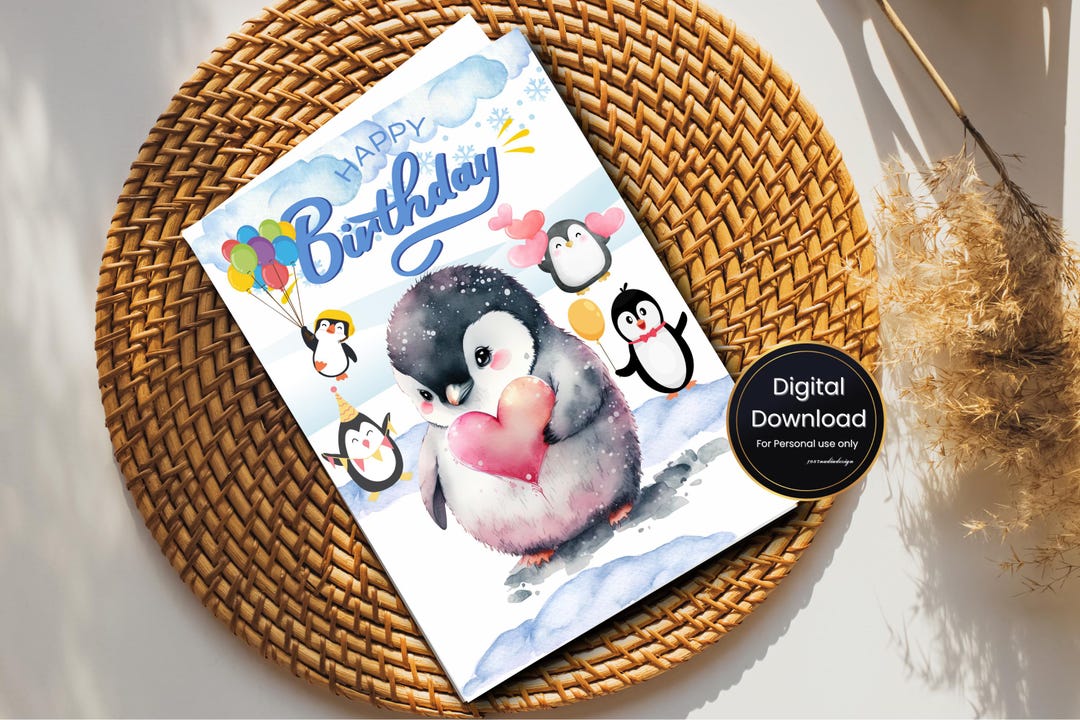 Cute Penguin Birthday Card | Printable A4 Foldable Card PNG | Digital ...