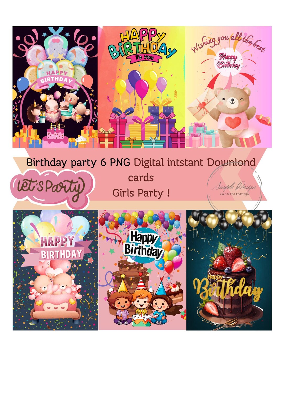 Birthday Party Cards Set | 6 PNG Instant Download | Cute Digital ...