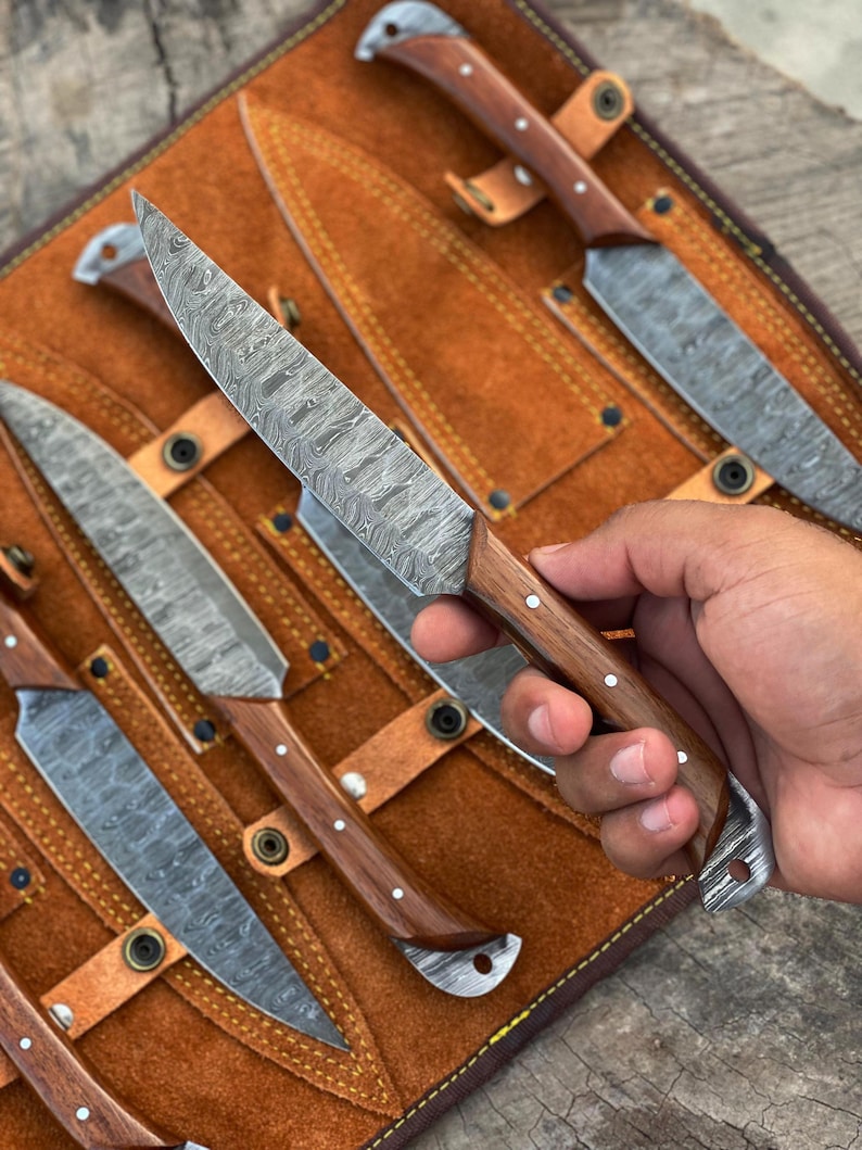 Handmade Damascus Steel Steak Knife Set: Rosewood Handle, Leather Kit ...