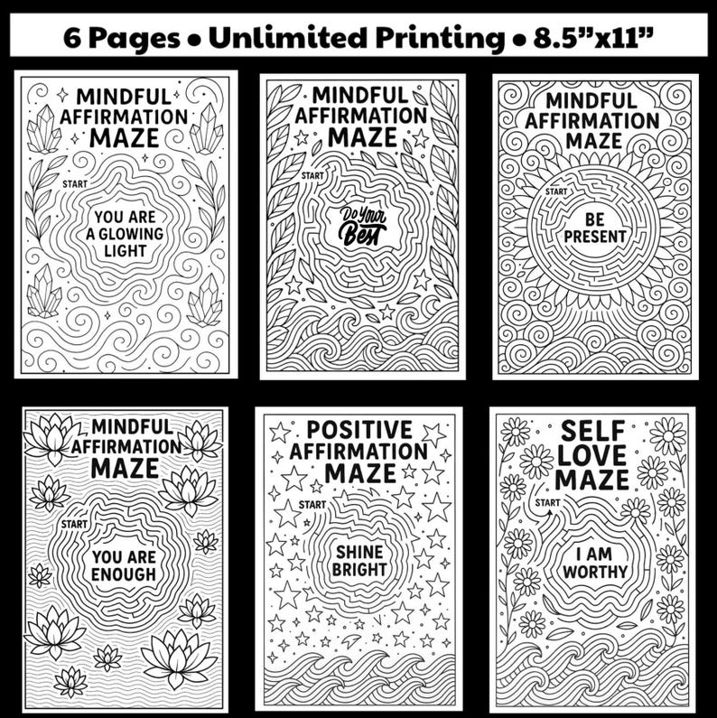 Printable Maze Coloring Pages | 6 Mindful Mazes & Affirmations | Cozy ...