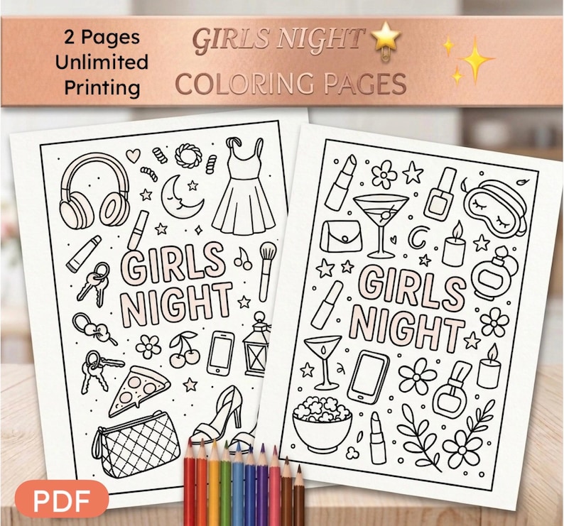 Girls Night Coloring Pages PDF | 2 Page Bachelorette Party Printable ...
