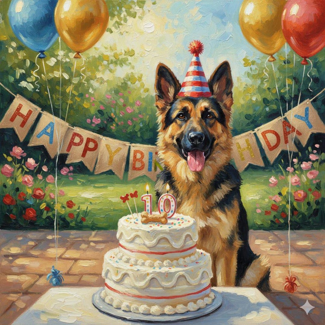 Happy Birthday German Shepherd With Party Hat, Balloons and Cake ...