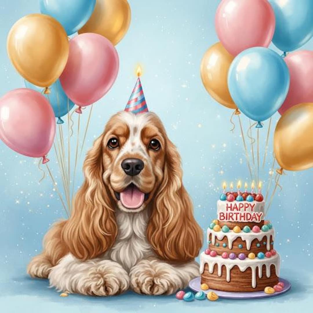 Cocker Spaniel Happy Birthday in Soft Blue With Cake and Balloons ...