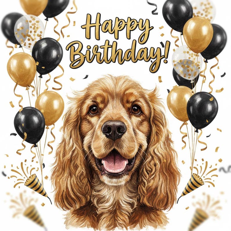 Cocker Spaniel Portrait, Happy Birthday Celebrations With Balloons and ...