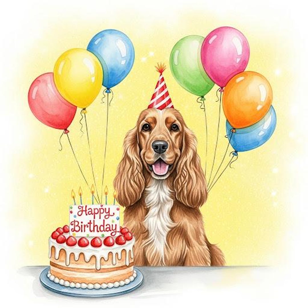 Cocker Spaniel Happy Birthday in Soft Yellow With Balloons and Cake ...