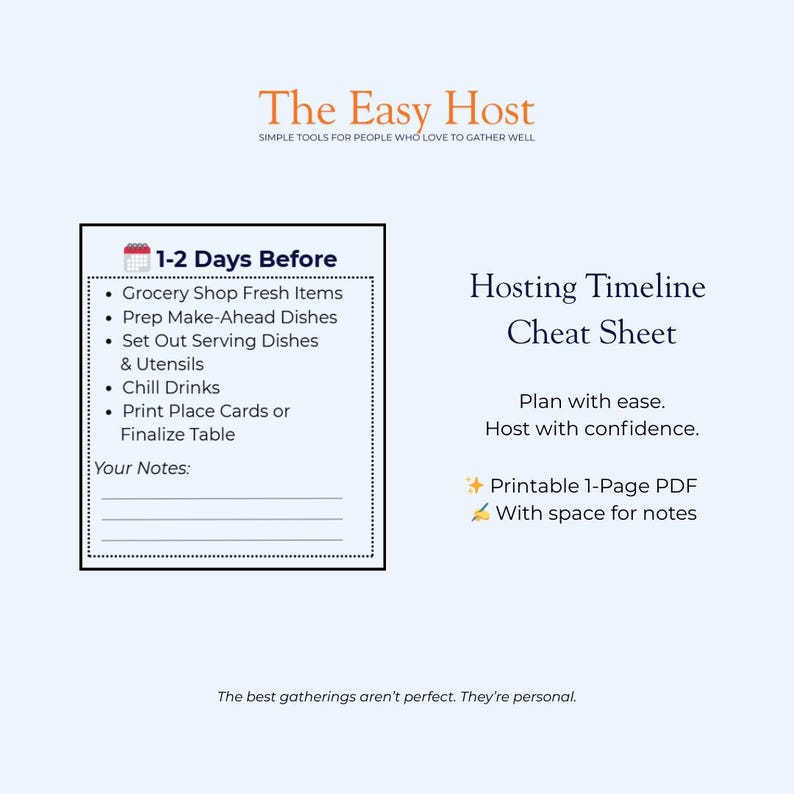 Hosting Timeline Cheat Sheet – Printable 1-page Dinner Party Planner ...