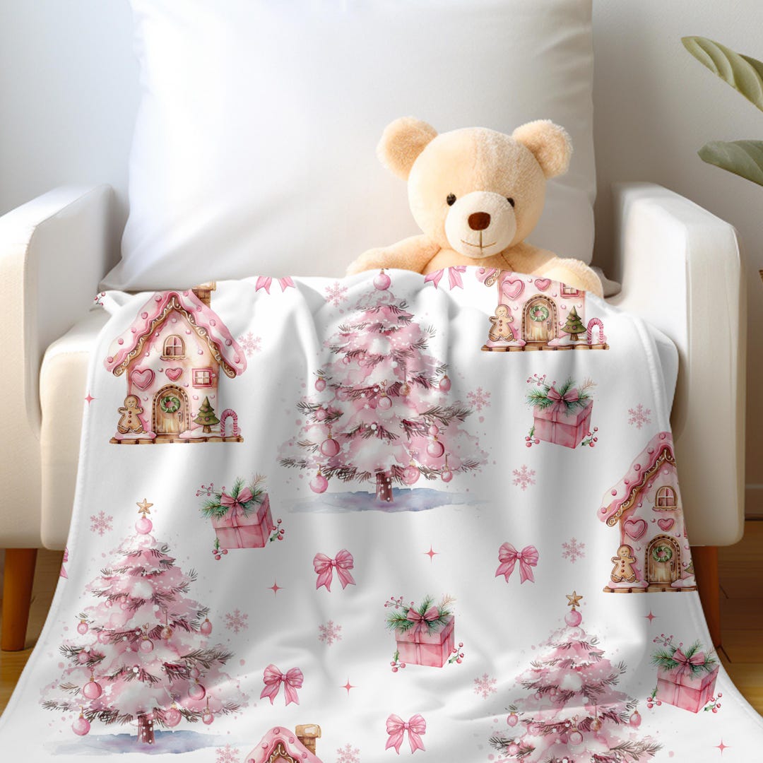 Pink Gingerbread House Blanket, Watercolor Christmas Tree Throw, Cute ...