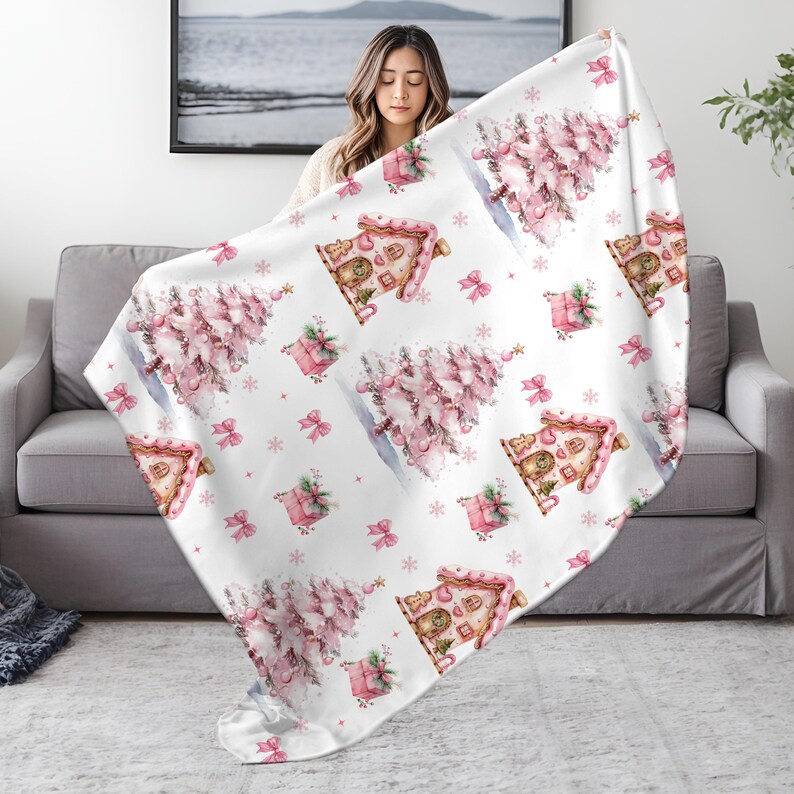 Pink Gingerbread House Blanket, Watercolor Christmas Tree Throw, Cute ...