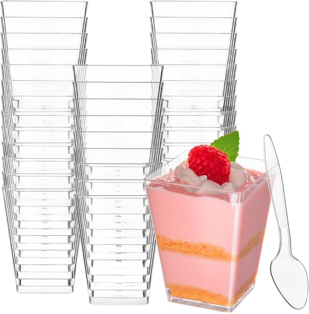 50 Pack 5 Oz Square Plastic Dessert Cups With Spoons - Mini Parfait ...