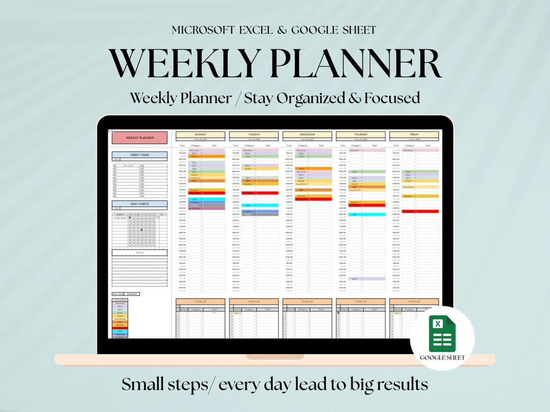 Editable Weekly Planner | Excel & Google Sheets Template (digital ...