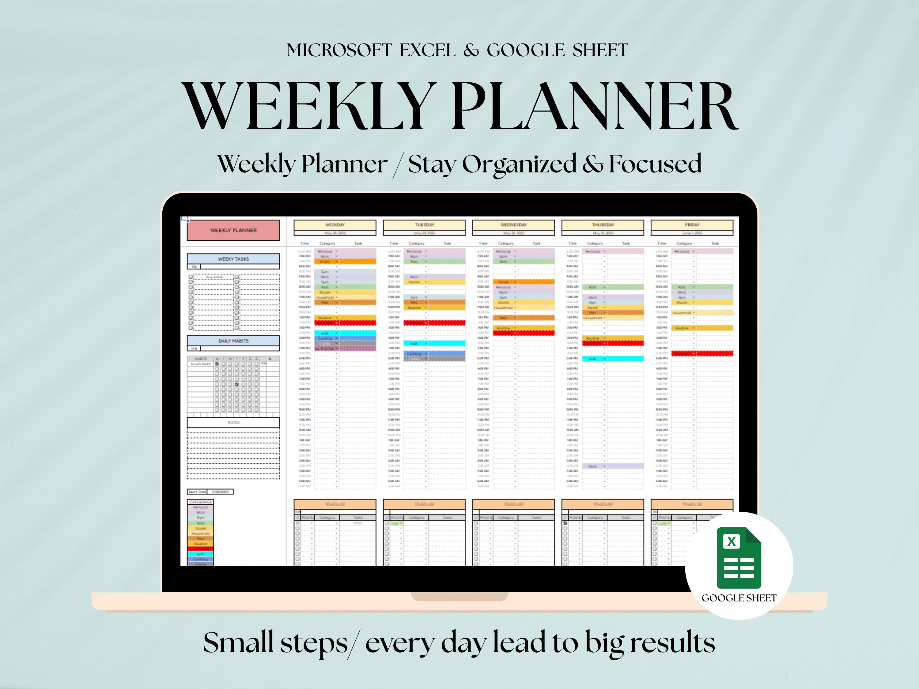 Editable Weekly Planner | Excel & Google Sheets Template (digital ...
